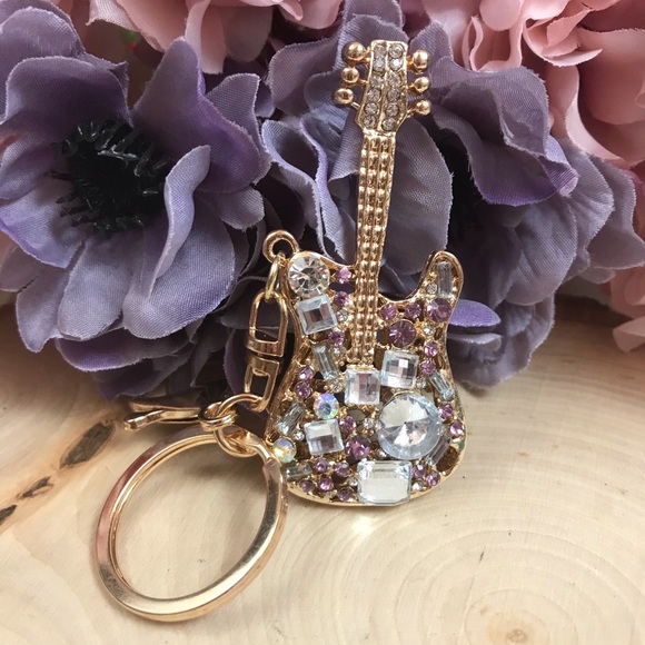 Accessories | Purple And Gold Crystal Rhinestone Guitar Keychain | Poshmark